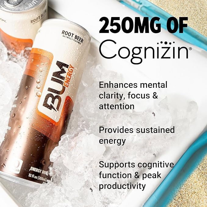Buy Bum Energy Drink Root Beer, Less Caffeine, More Focus, Zero Sugar ...
